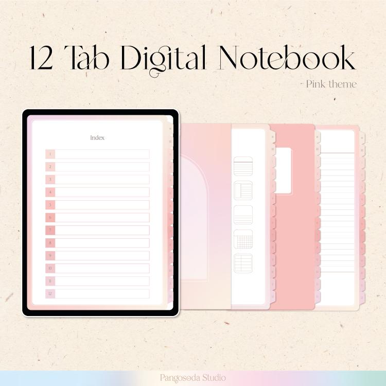 Pink Digital Portrait Notebook,12 Hyperlinked Tabs for GoodNotes ...