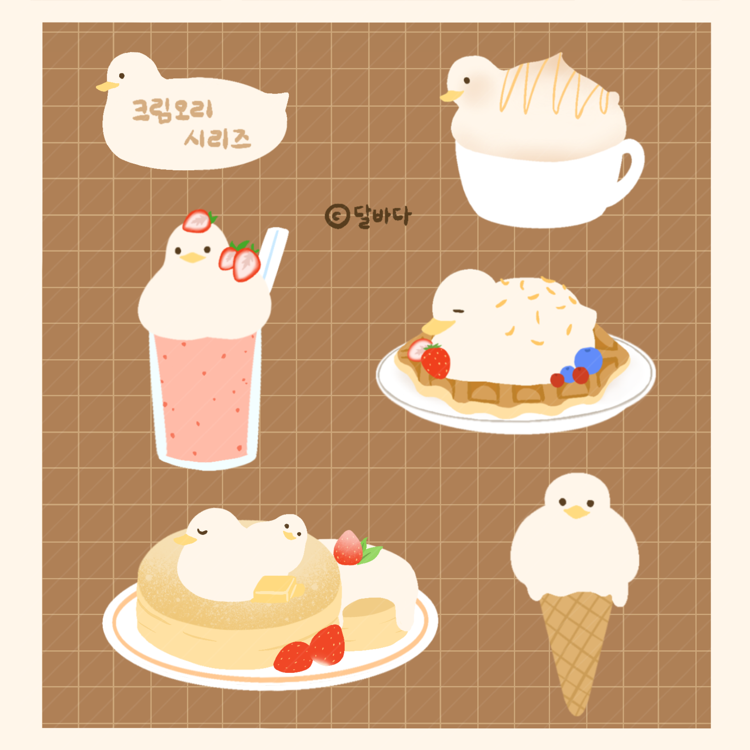 Cream duck dessert set sticker | cute animal character | Webudding