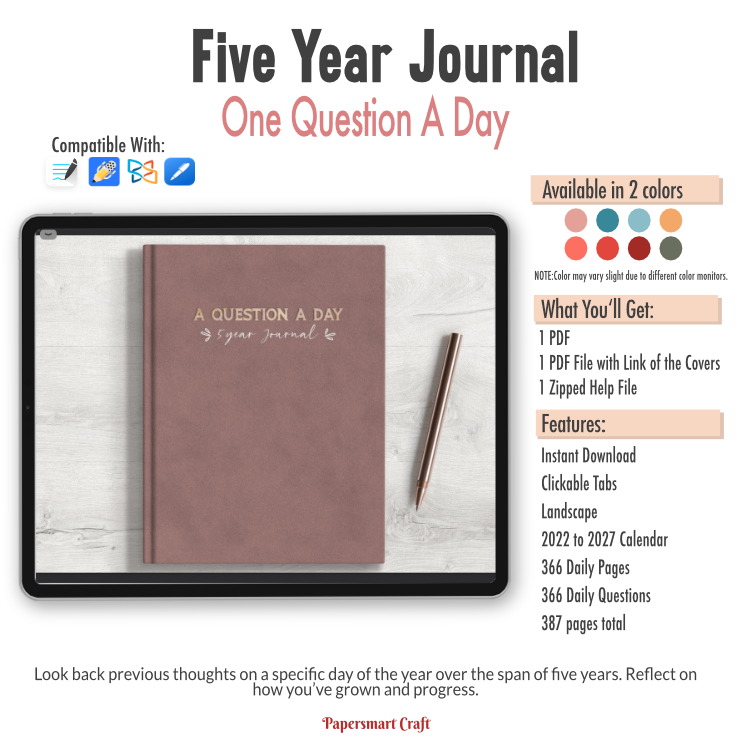 Five Year Journal | A Question A Day | Five Minute Journal | 8 Covers | Webudding