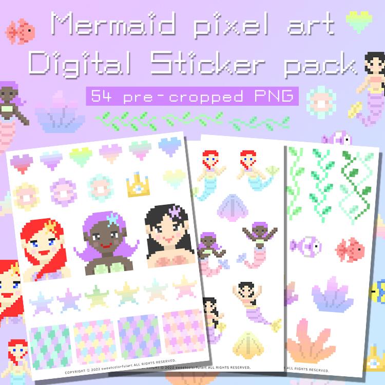 Mermaid pixel art digital sticker pack | Webudding