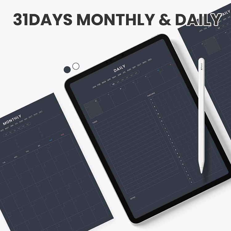 [V2] Vertical 31DAYS Monthly & Daily Planner (Dark, TimeTable) | Webudding