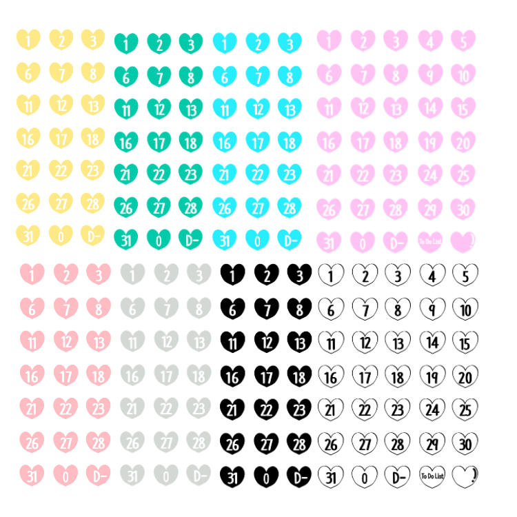 HEART NUMBER STICKER 8color set(png) | Webudding