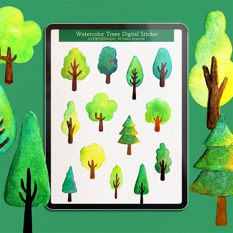 Watercolor Green Trees illustration spring summar landscape Goodnote Stickers | Webudding