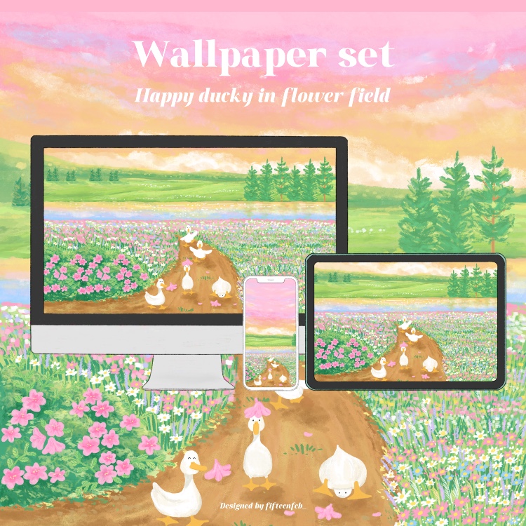 Wallpaper set (happy ducky in flower field) | Webudding