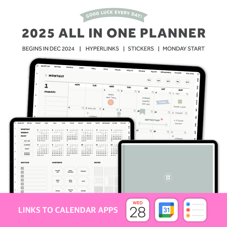 GOOD LUCK EVERY DAY 2025 ALL IN ONE PLANNER GREY _ MONDAY START | Webudding