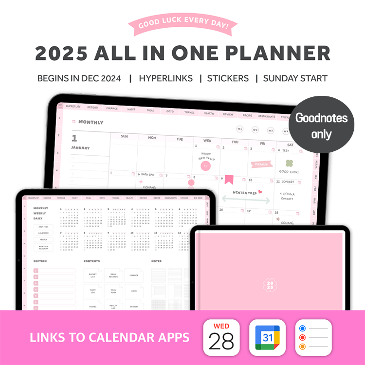 2025 ALL IN ONE PLANNER PINK _ SUNDAY START | Webudding