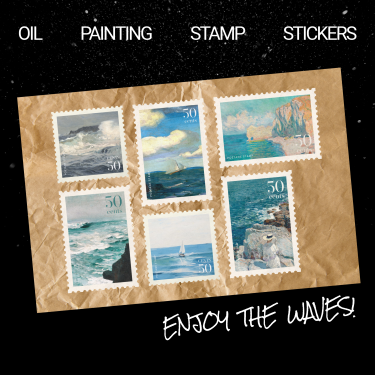 Ocean Waves Oil Painting Stamp Sticker, Digital Sticker, Vintage Paper Textured | Webudding