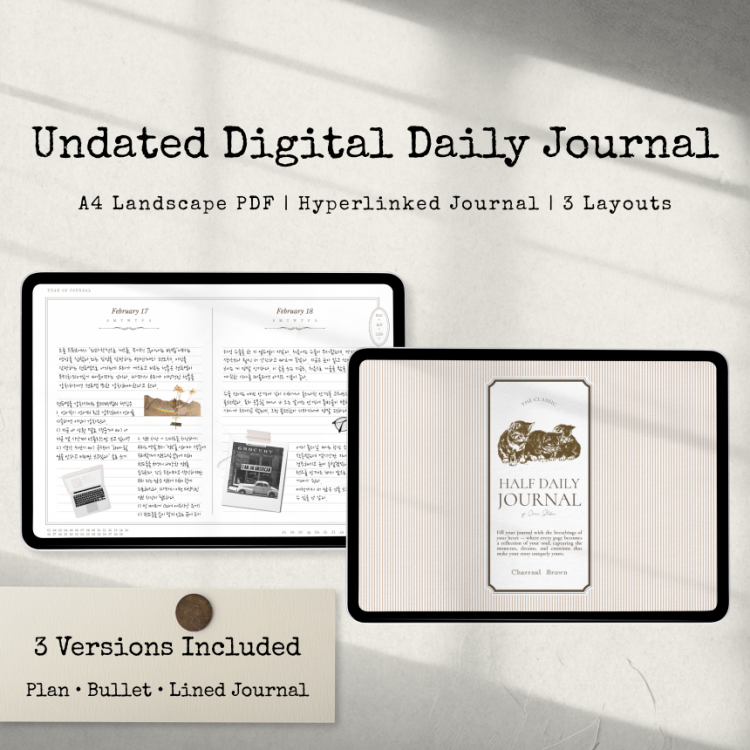 Undated Classic Half Daily Journal (Charcoal Brown) | Plain Notebook, Bullet Journal, Lined ...