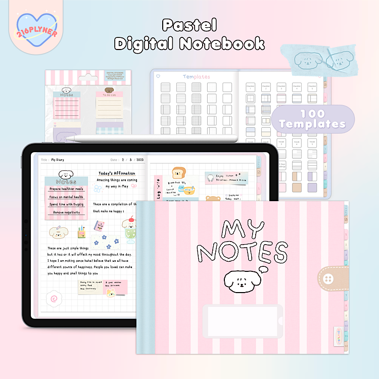 Pastel Digital Notebook + Stickers Set | Webudding