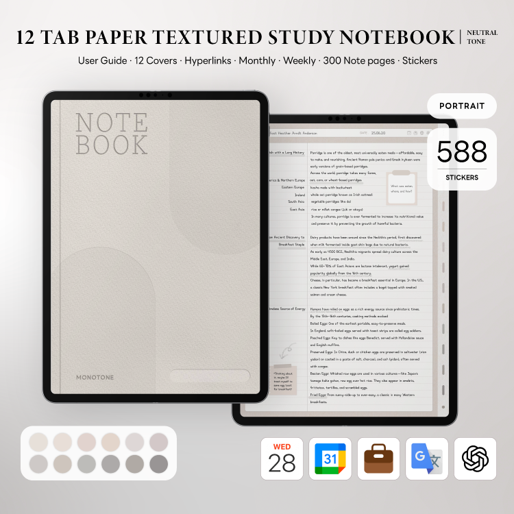 12 Tab Paper Texture Study Notebook (Shortcuts Integration, Portrait) | Webudding
