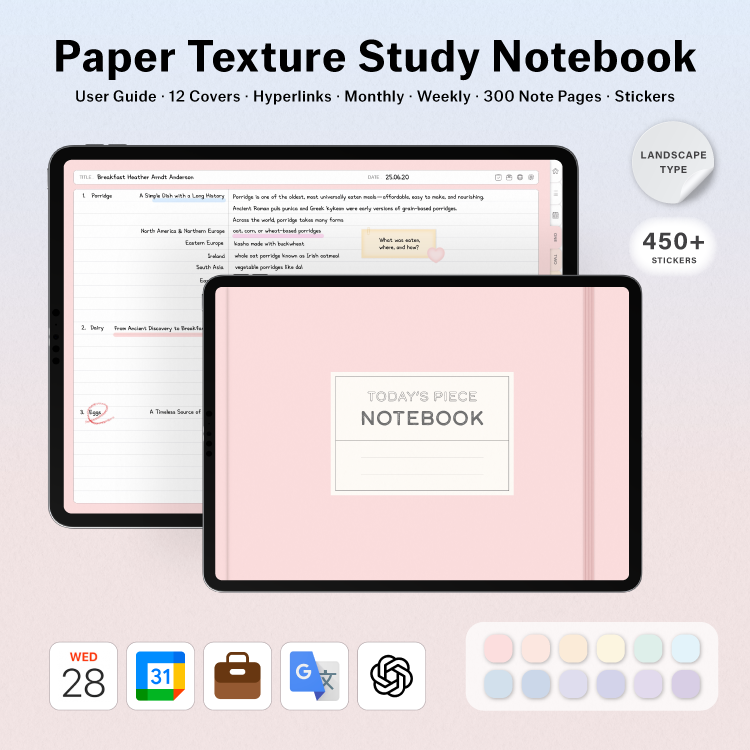 Paper Texture Study Notebook (Shortcuts Integration, Pastel, Landscape) | Webudding