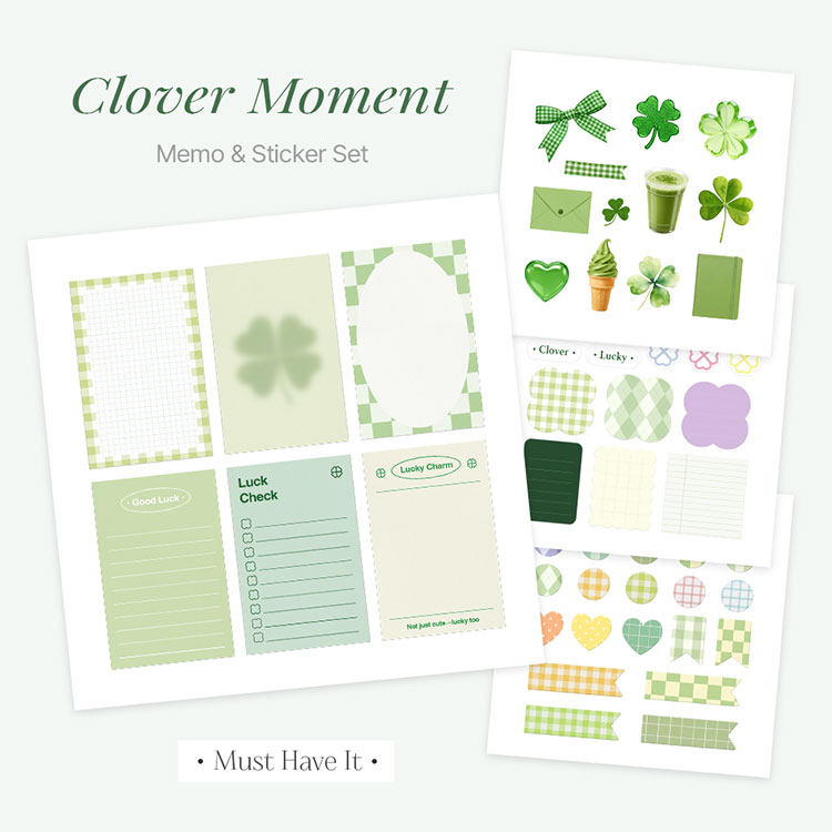 Clover Moment : Green Luck Four-leaf Clover Memo & Sticker Set | Webudding