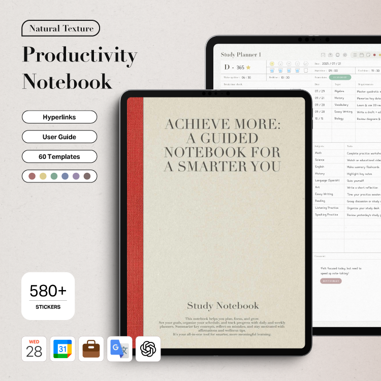 Natural Texture Productivity Notebook (w/ Stickers, Shortcuts ...