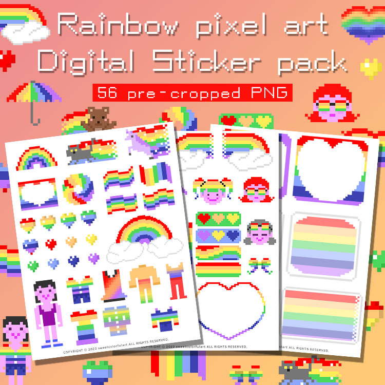 Rainbow pixel art digital sticker pack | Webudding