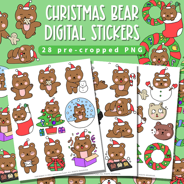 [sweetcolorfulart] Christmas bear digital stickers | Webudding