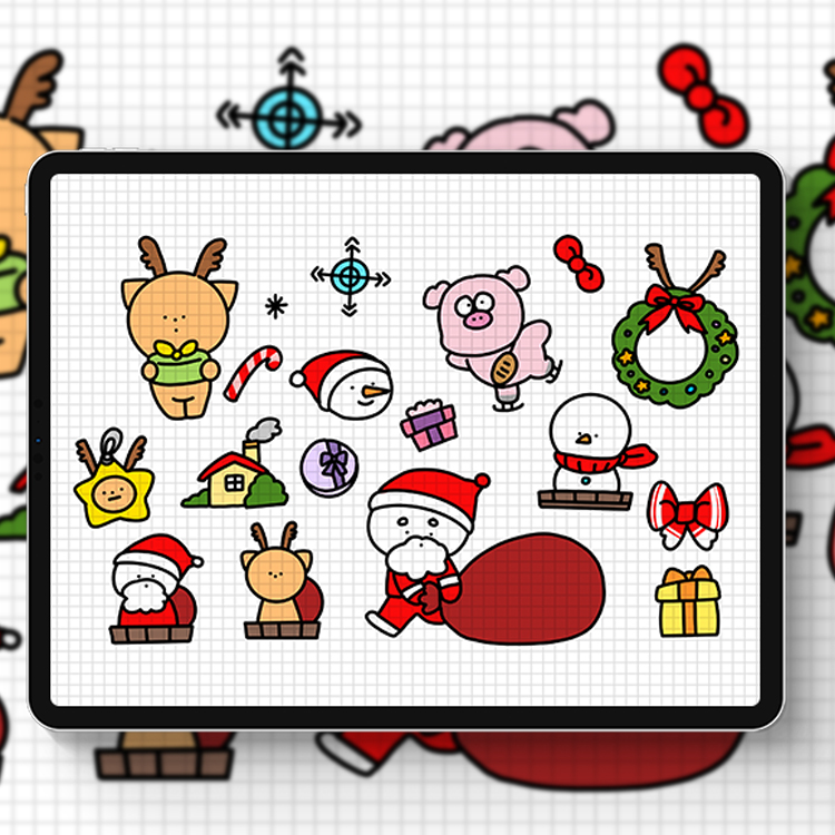 Christmas drawing, deer, pig, Santa, snowman, winter icon, digital sticker | Webudding